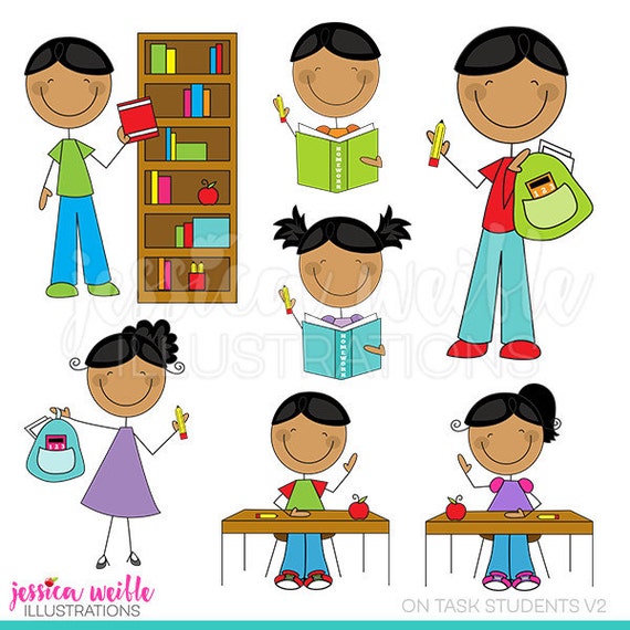 On Task Student Stick Figures Dark Skin Cute Digital