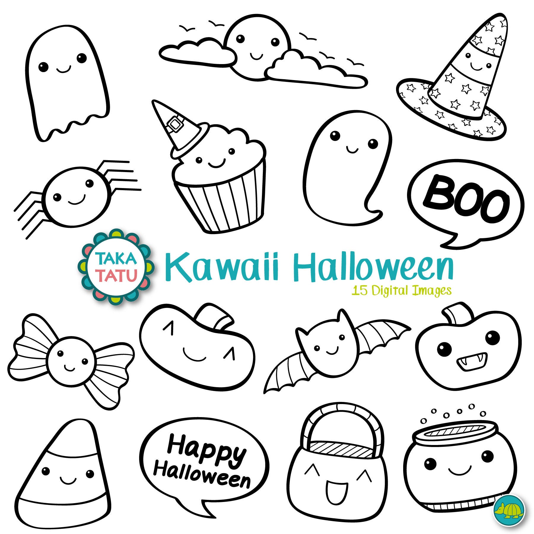 Kawaii Halloween Digital Stamp Pack Black and White Clipart