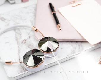 Styled Stock Photography Desktop with White Roses Rose Gold