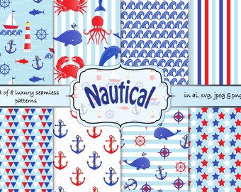 Nautical Digital Paper Pink and Navy Scrapbooking Paper