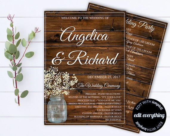 Rustic Wedding Program Template Printable Wedding Program