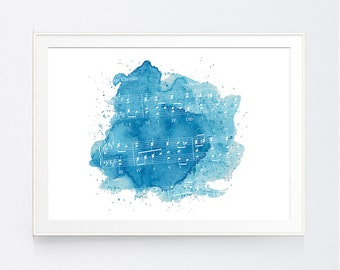 Blue Watercolor Music Art Print Partiture Blue Decor
