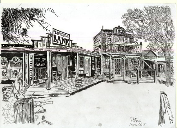 Art Print Pen & Ink Drawing A4 Ghost Town