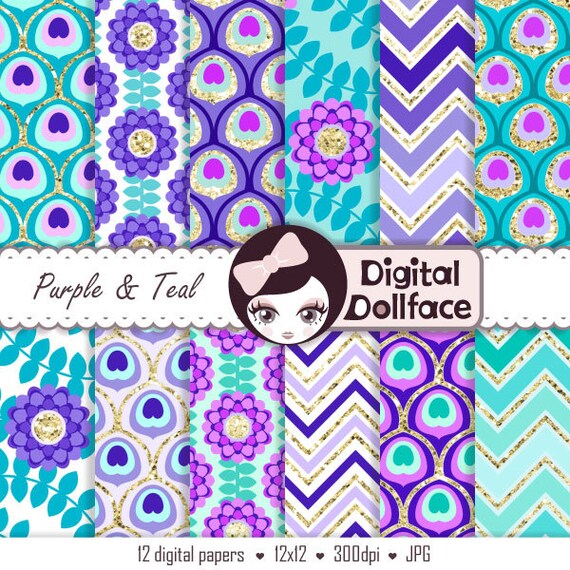 Purple and Teal Digital Paper Peacock Wedding Purple
