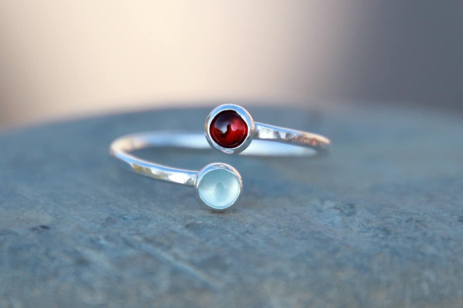 dual birthstone ring. two stone ring. gemstone couples ring.