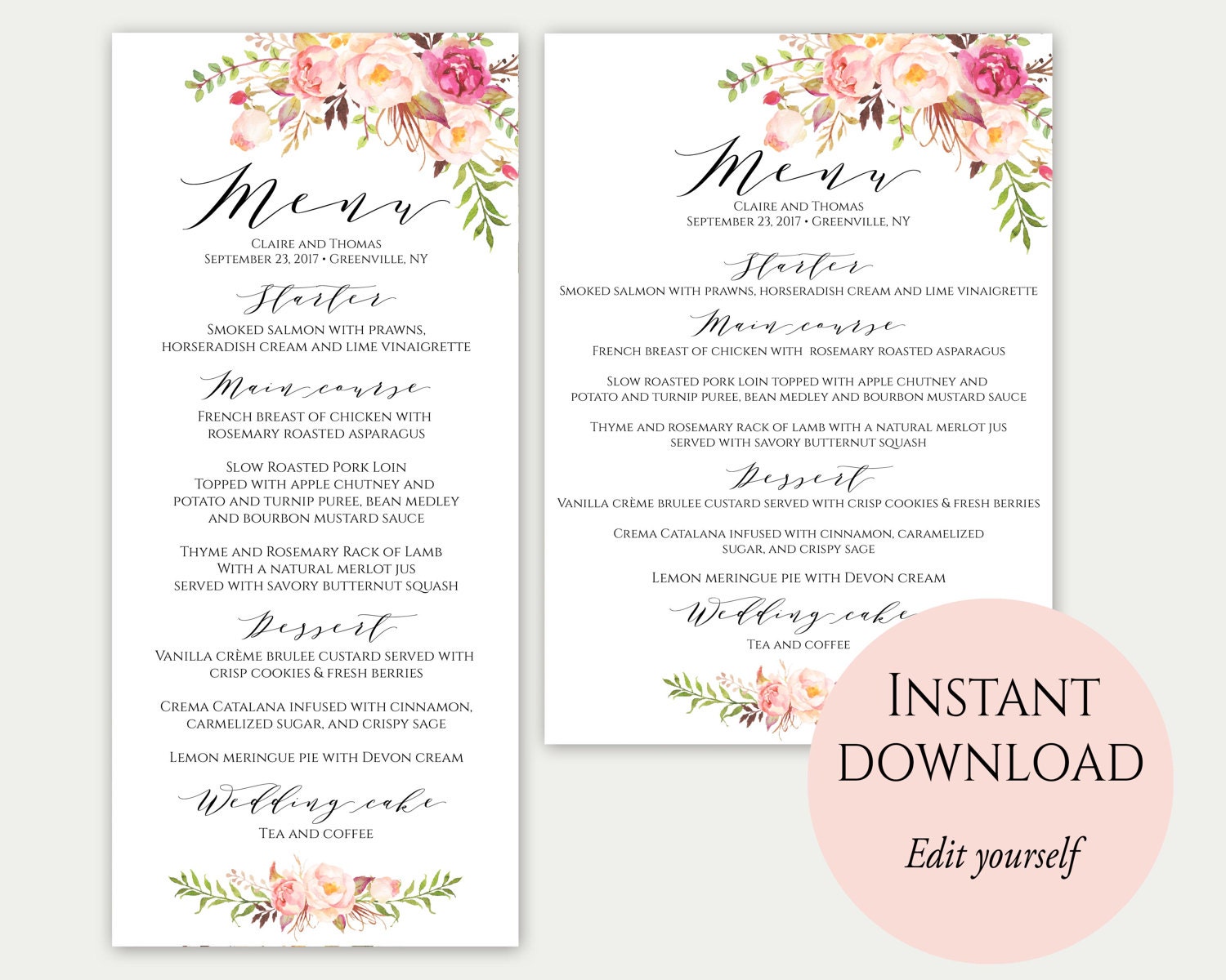 Wedding Menu Template 5x7 4x9 Wedding Menu Cards Menu