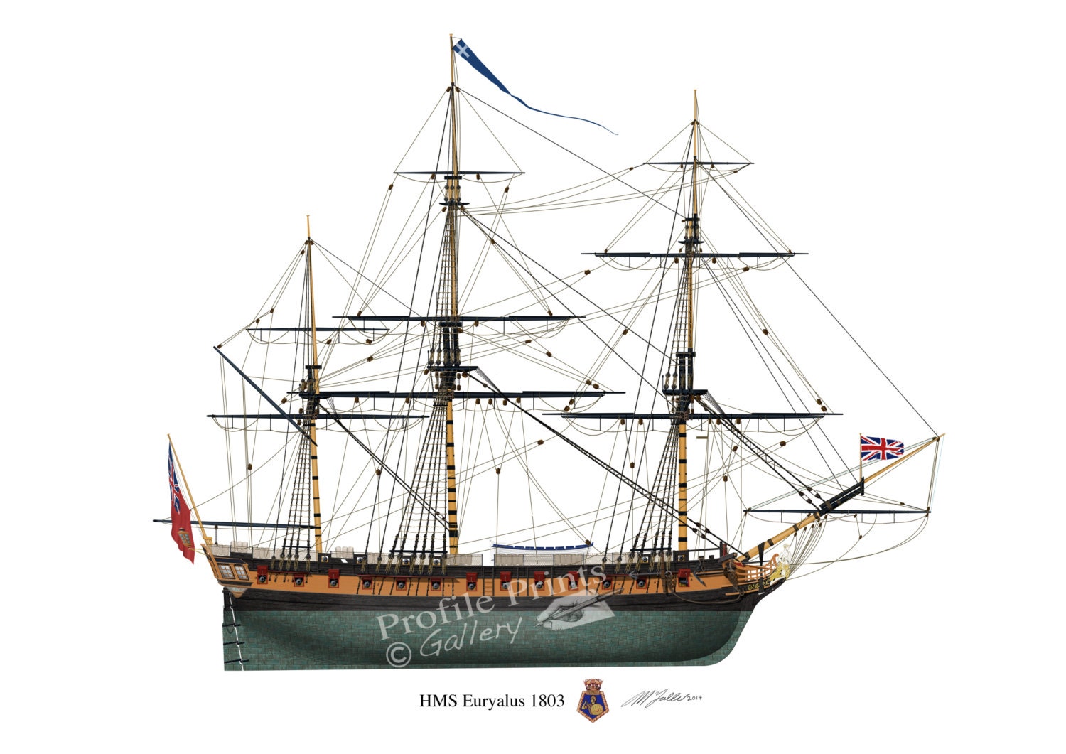 HMS Euryalus Vintage 36 gun frigate 1803 Profile Artwork A3