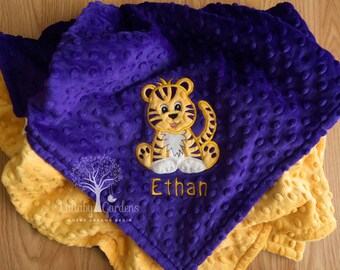 Tiger Personalized Minky Baby Blanket Purple and Gold Baby