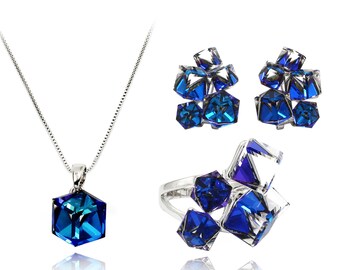 Sapphire Blue Square Swarovski Crystal Set in Silver on