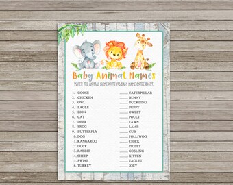 Baby Animal Names Boy Baby Shower Game. 5x7 Printable Blue