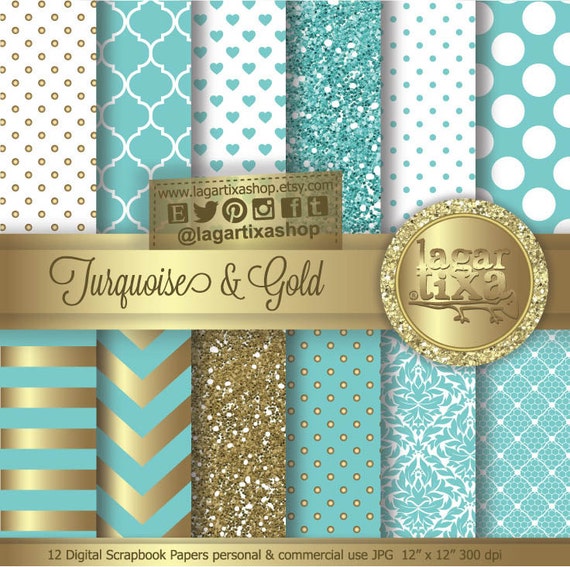 Turquoise & Gold Digital Paper Background teal Chevron Polka