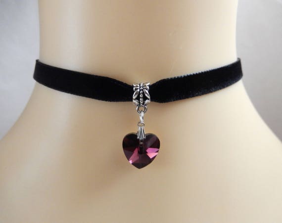 Black Velvet 9mm Choker Necklace With Foil Back Purple Crystal
