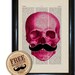 Magenta Skull with moustache Altered Art Print on repurposed