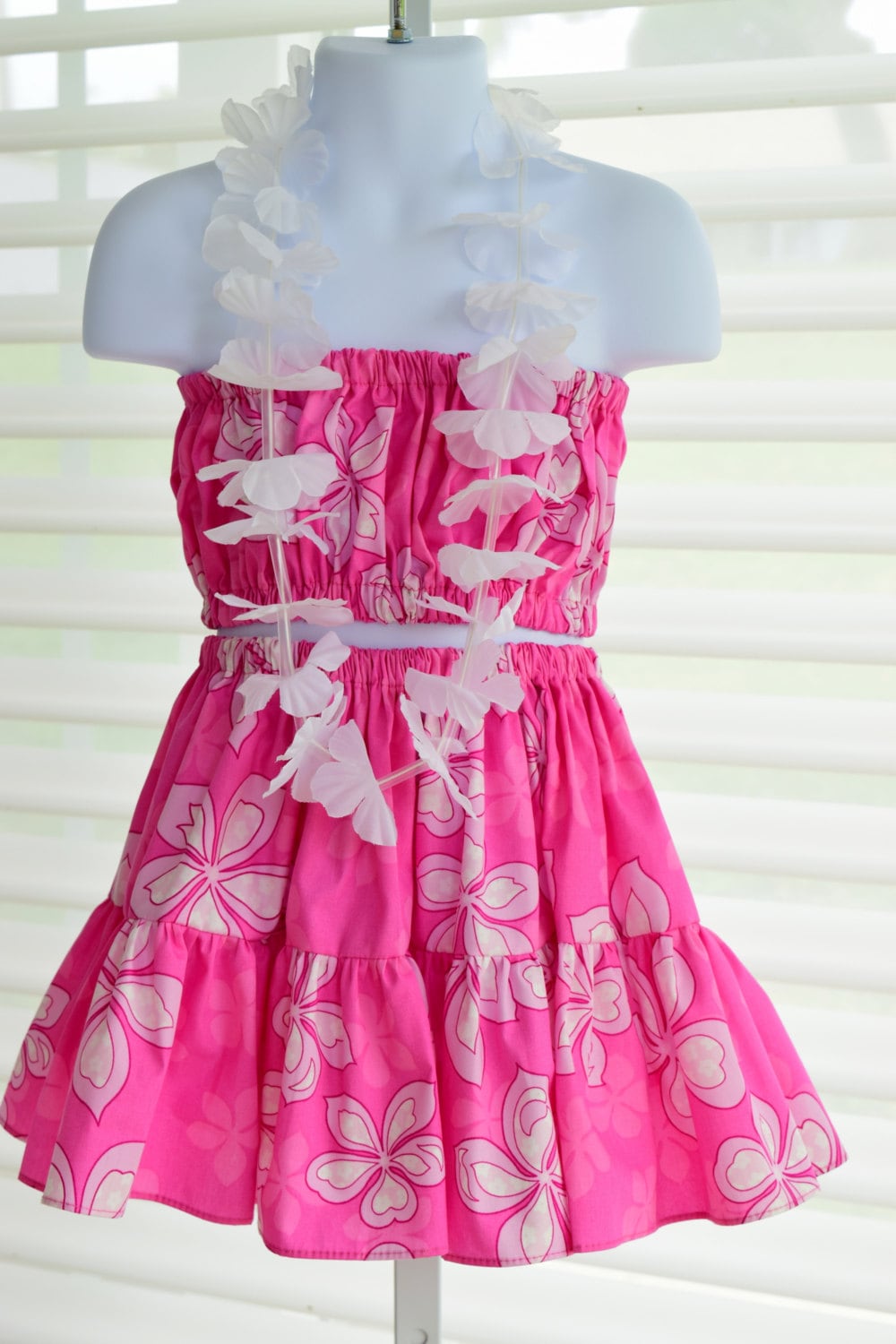 Girls Hula Hawaiian Dress Outfit Pink and White Hibiscus