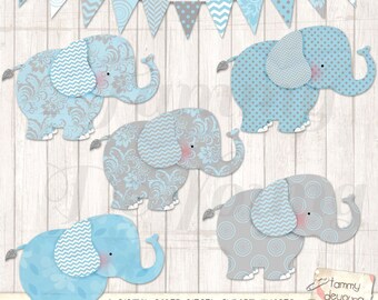 Navy Gray Elephant Clip Art. Boy Baby Shower Digital Paper
