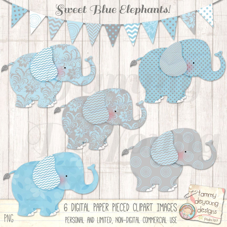 Elephant Clip Art Blue and Gray Elephant clipart Digital