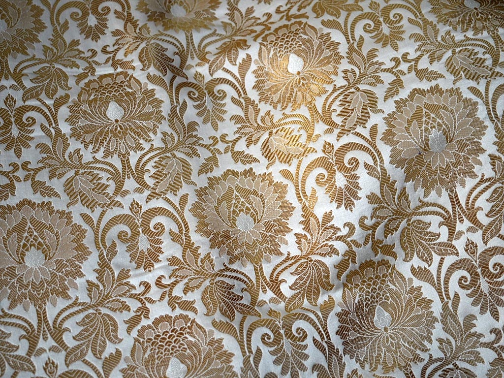 Silk Brocade Fabric in Cream Gold Weaving Banaras Brocade
