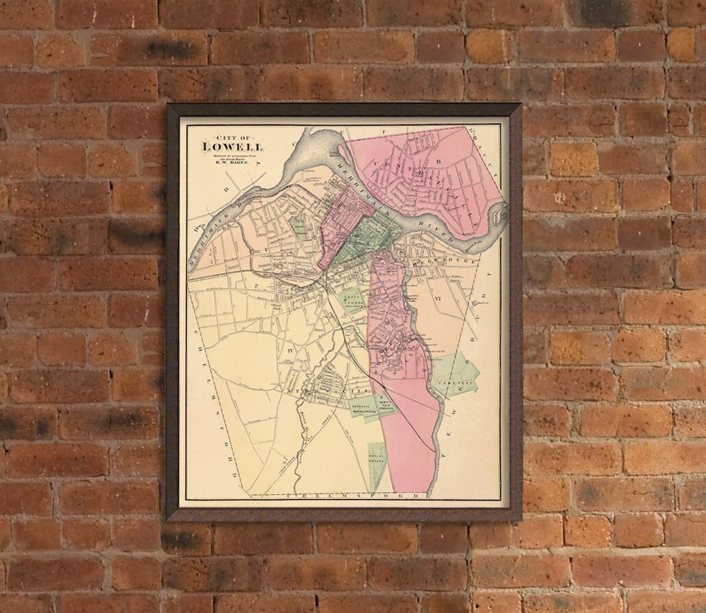 Lowell map Massachusetts Old map of Lowell print Fine