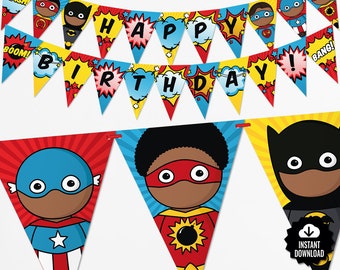 Banderines Cumpleaños Superhéroes. Guirnalda Fiesta Cumpleaños