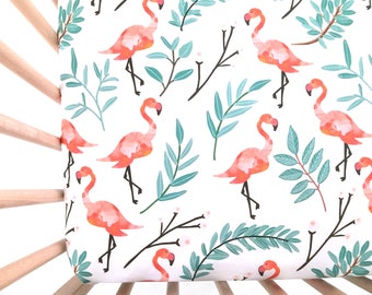 Flamingo Fitted Crib Sheet. Baby Bedding. Crib Bedding. Coral