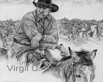 Saddle Bronc drawing of a rodeo cowboy riding a bronc at the