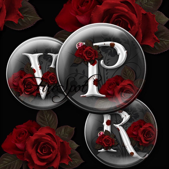 Gothic style Red Rose Letter alphabet Digital Collage Sheet