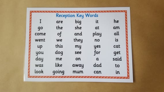 Reception Key words laminated word mat/poster EYFS first