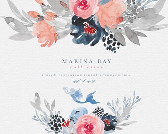 Navy floral clipart | Etsy