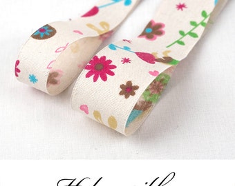 Wild flowers Printed Linen Fabric Ribbon / 1 25mm