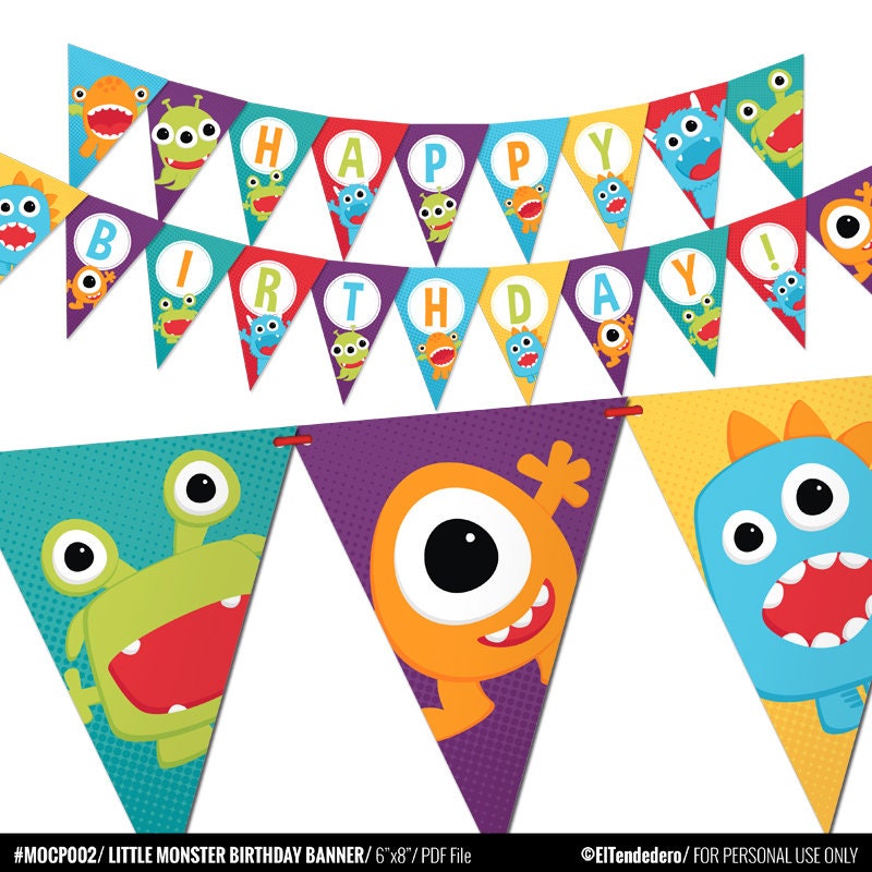 Banderines Cumpleaños Monstruos Niños. Guirnalda Monstruitos