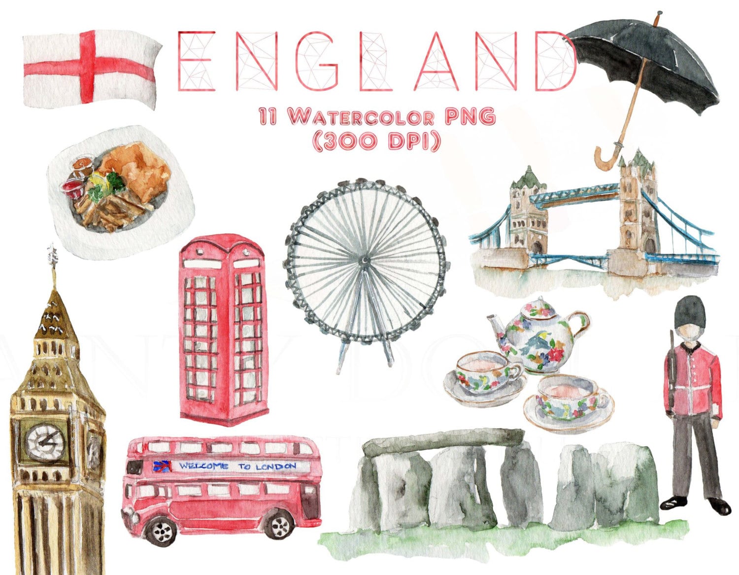 England Watercolor Clipart London British Europe Big Ben