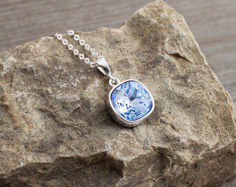 Sapphire Blue Square Swarovski Crystal Set in Silver on