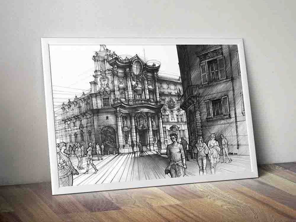 baroque church drawing PRINT by Katarzyna Kmiecik