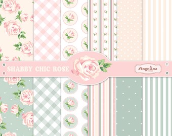 9 Shabby Chic Rose Pink and Gray Digital Scrapbook Papers 8x12