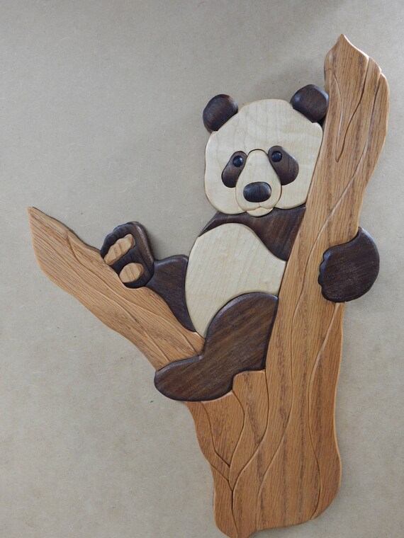 Panda in a Tree Wood Intarsia Wall hanging Handcrafted Scroll