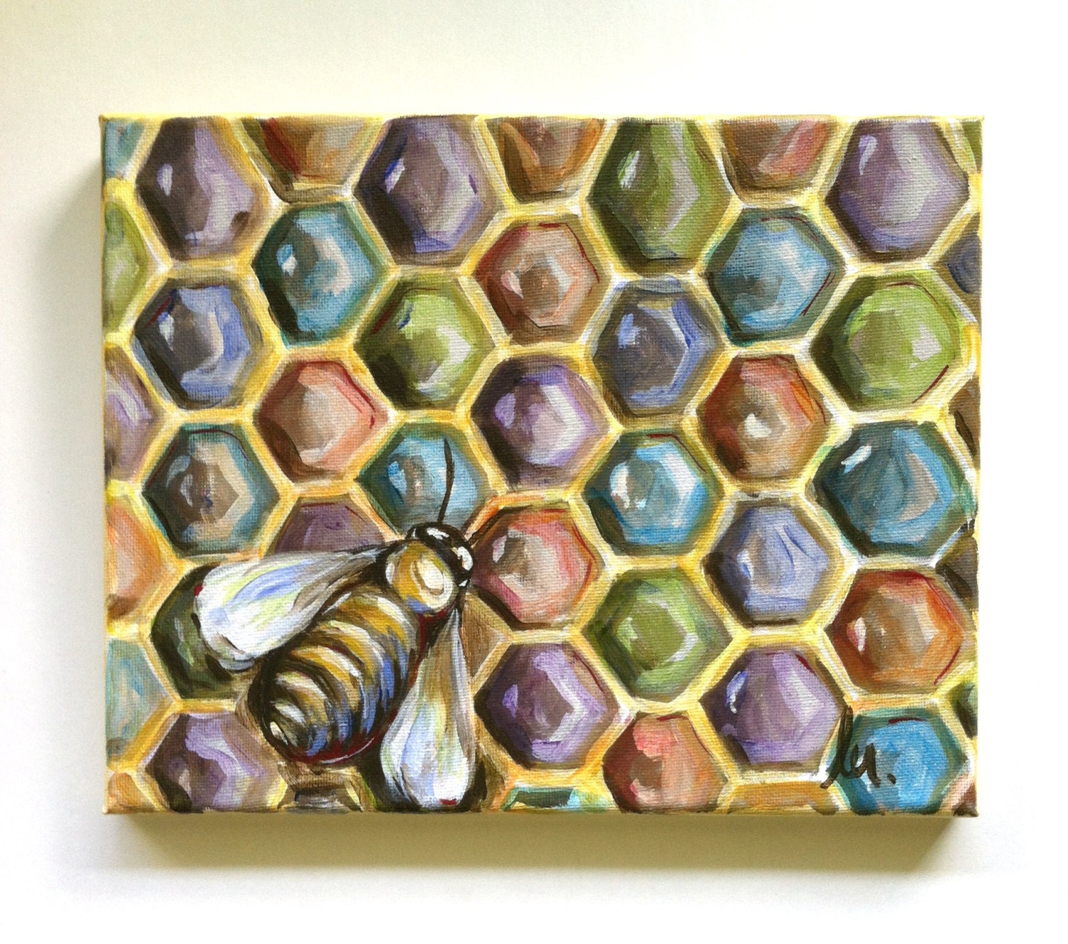 Bee on Honeycomb Painting Acrylic on 8 x 10 Back Stapled