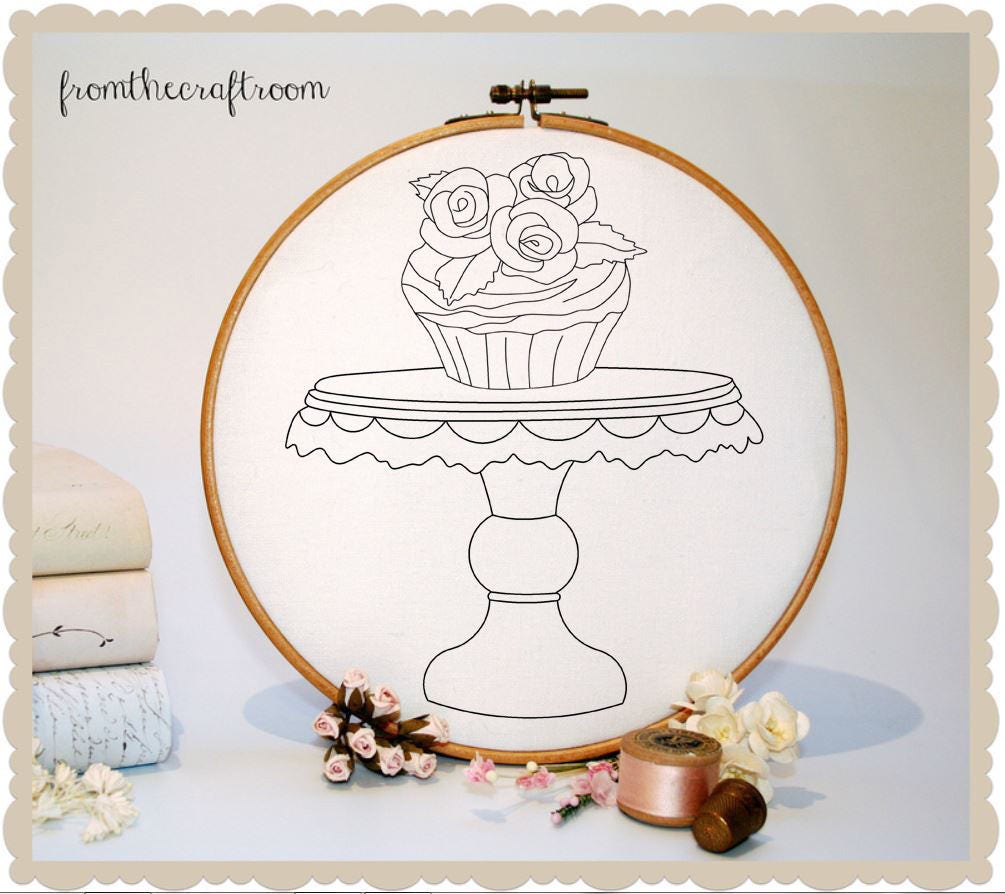 Cake Stand with Cupcake topped with roses Hand embroidery