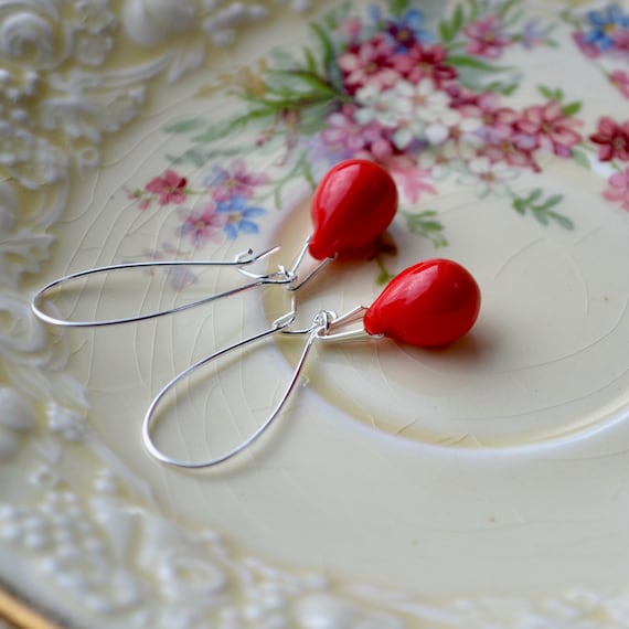 Bright Red Earrings Red Dangle Earrings Long Red Earrings