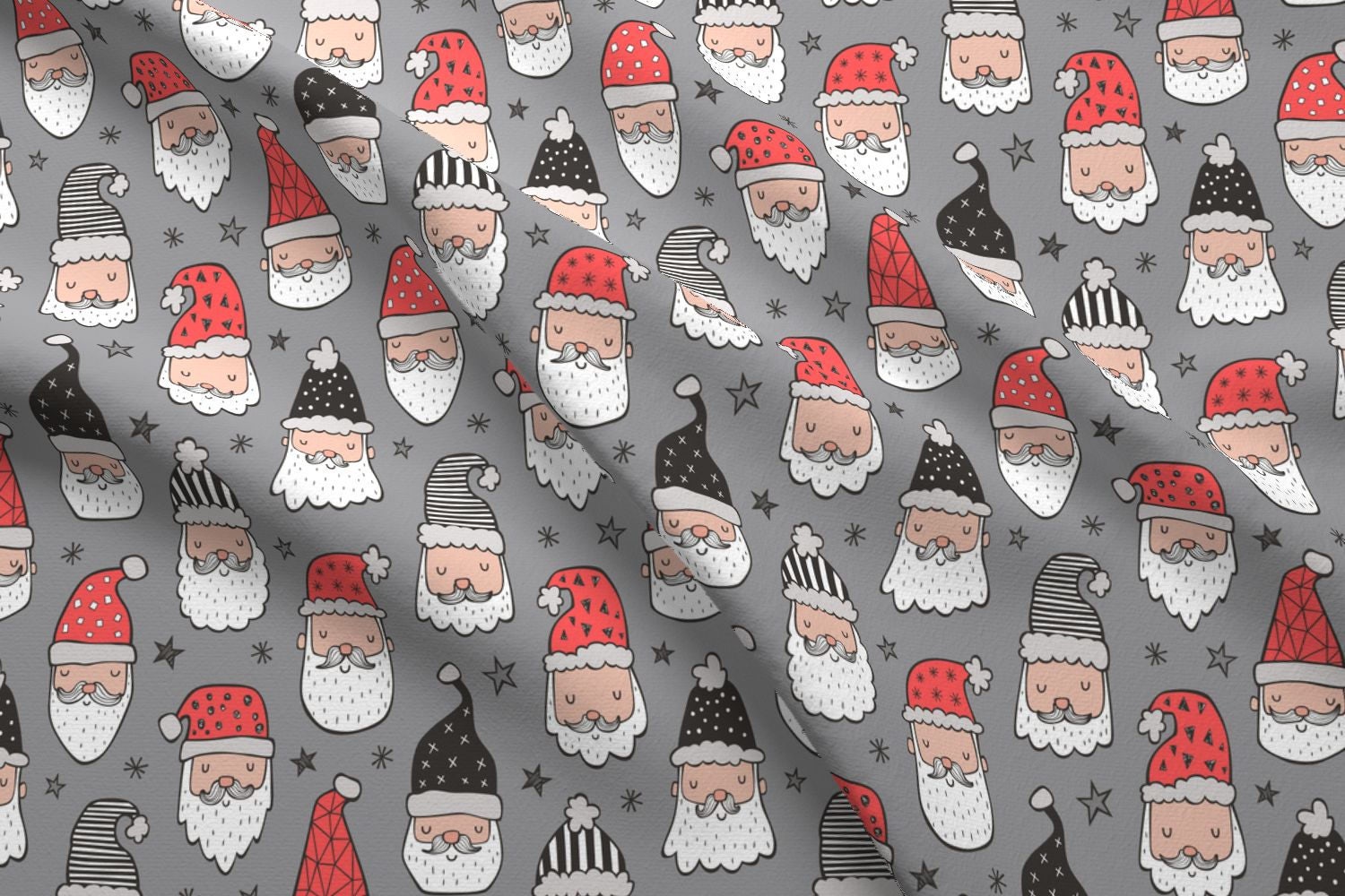 Santa Fabric Christmas Santa Claus With Stars On Grey By