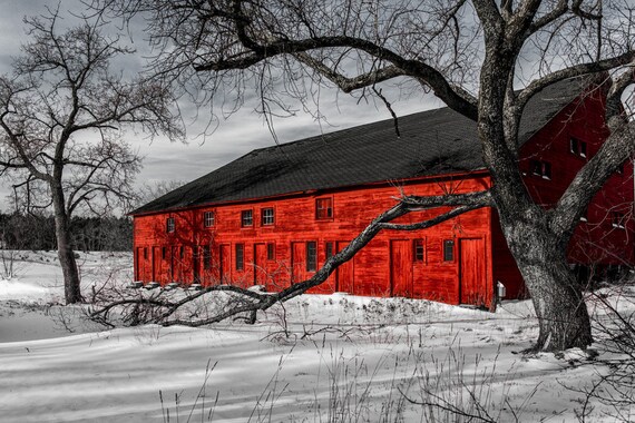 Old Bright Red Barn Print Antique Farm Winter Scene Print