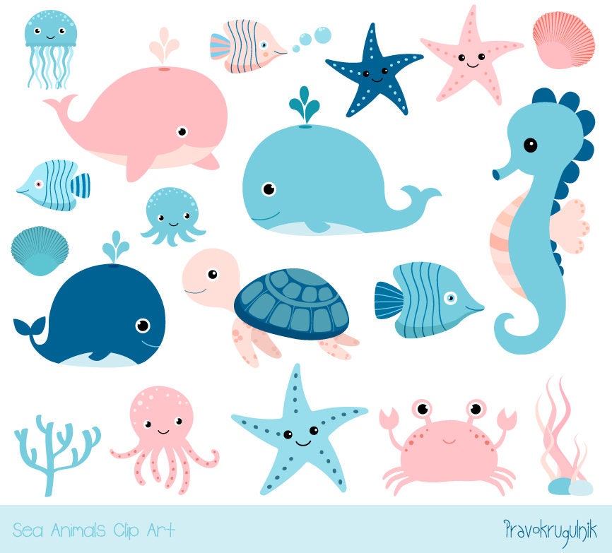 Cute sea animal clipart Kawaii ocean clipart Baby girl