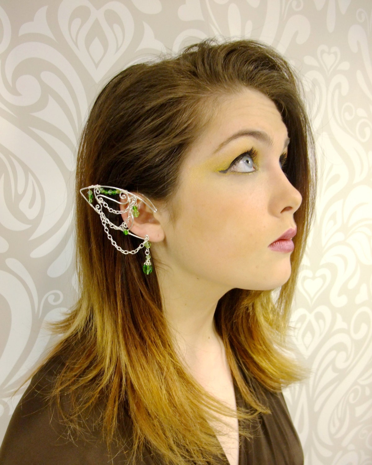 Elf Ear Cuffs Silver and Green Elven Jewelry Elf Ear