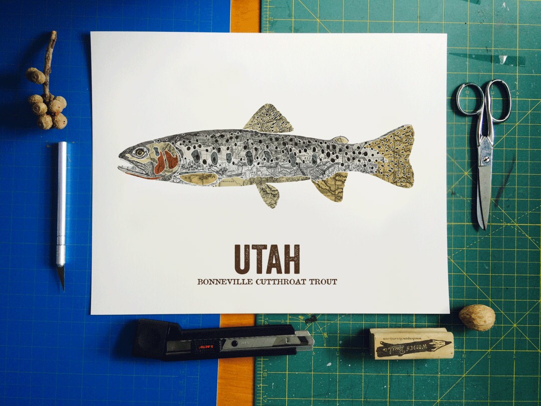 Utah State Fish Map art Nature Outdoor art Vintage Map art