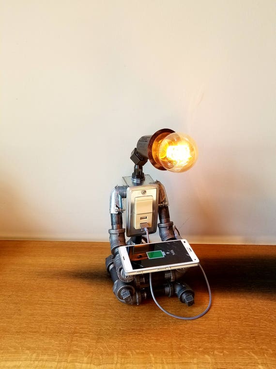 The Meditator Industrial Pipe Robot Lamp with 2 USB ports