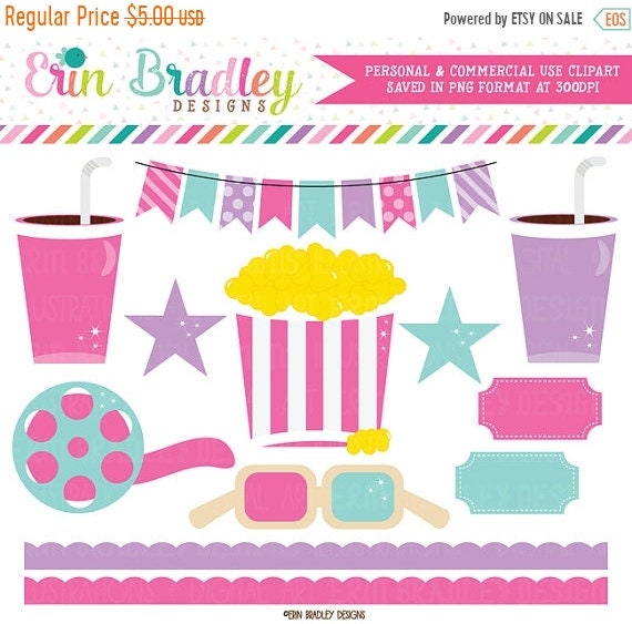 80% OFF SALE Girls Movie Theater Clipart Digital Popcorn Food