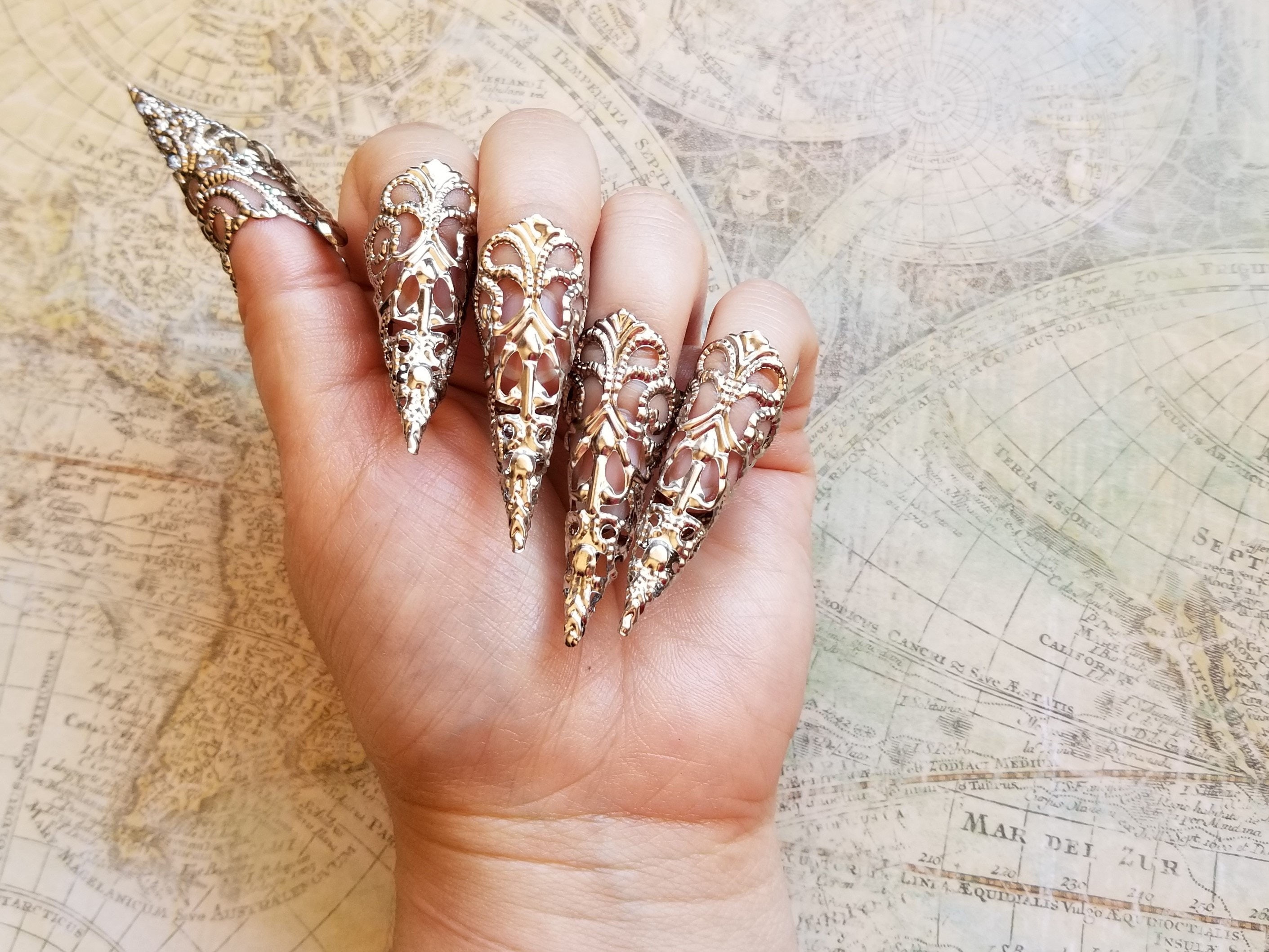 10 Silver Stiletto Nails Gothic Ring Armor Goth Steampunk