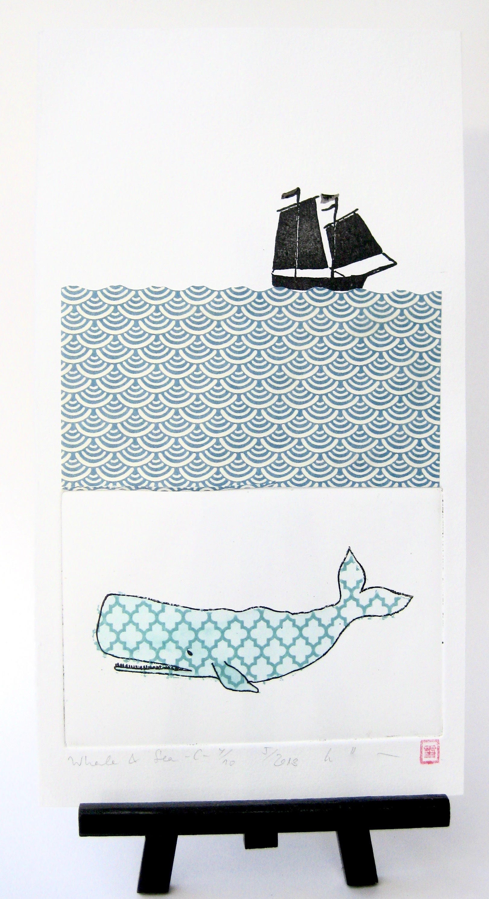 Whale & Sea Original Etching and Collage