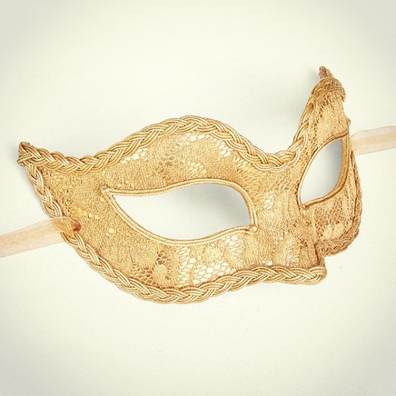 Gold Lace Covered Masquerade Mask Venetian Style Gold