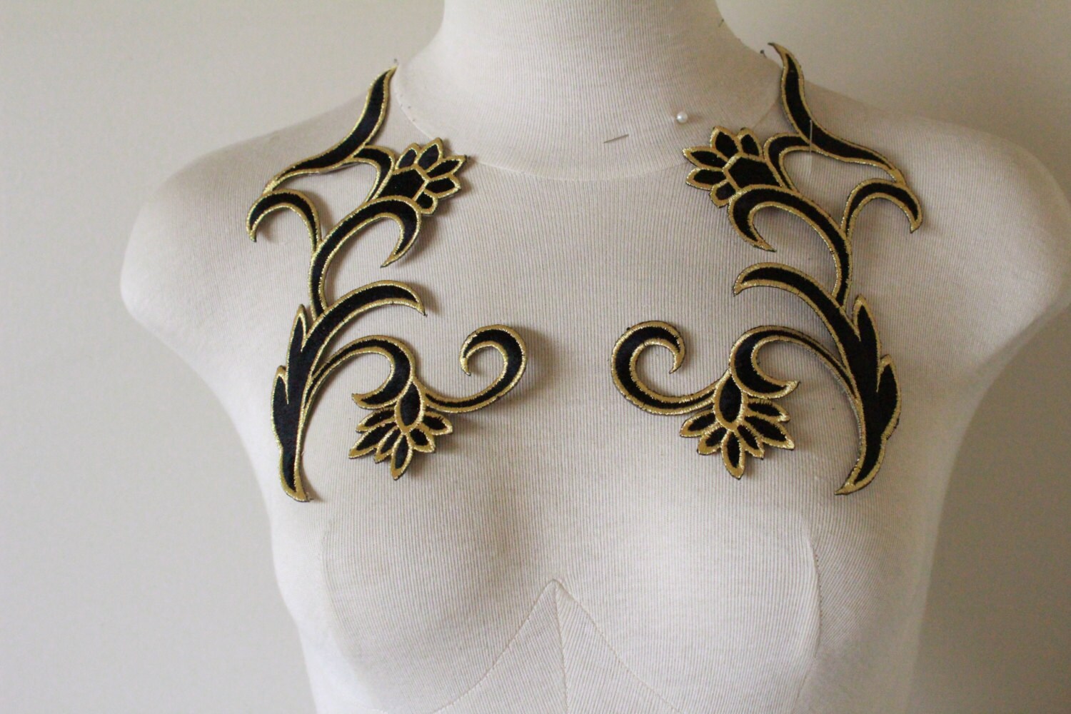Large Iron-On Black Gold Metallic Iron On Embroidered Applique