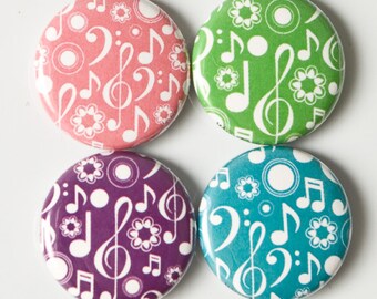 Six Music Note and Clef Buttons or Magnets size one inch